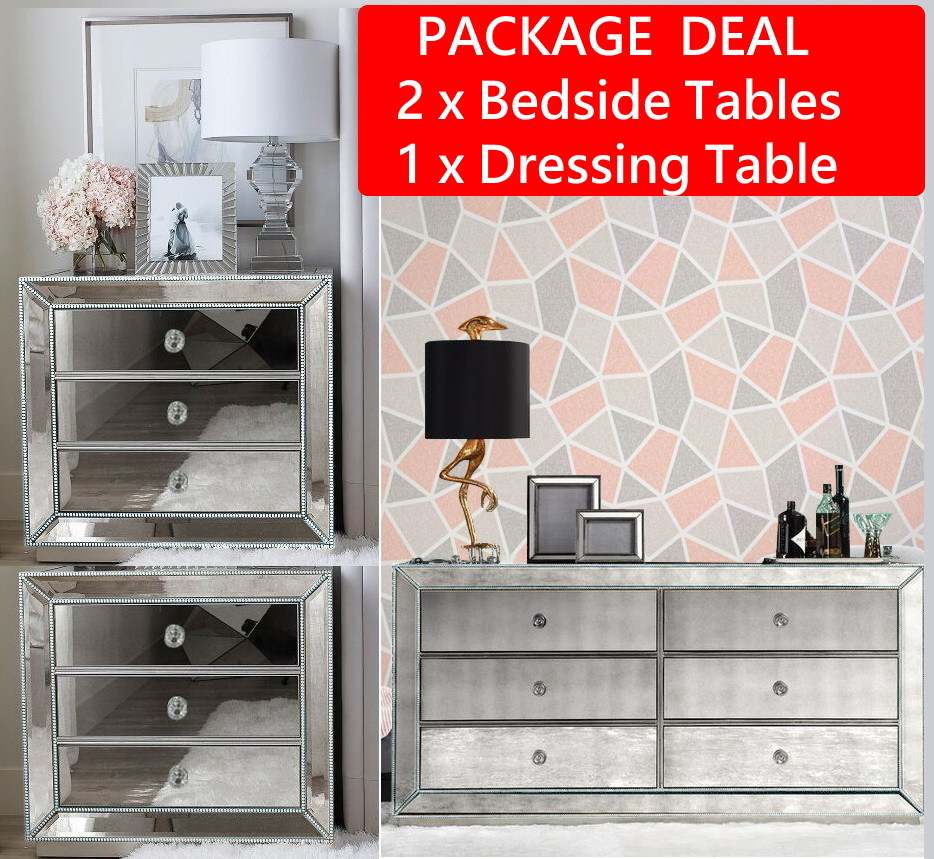 Mirorred Bedside Tables and Mirrored Chest of Drawers Furniture Package